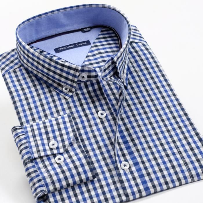Chemise,Chemise à carreaux 100% coton à manches longues pour homme ...