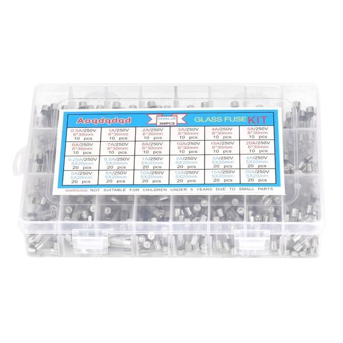 VBESTLIFE assortiment de fusibles Lot de 360 tubes fusibles en verre 0,25 A‑20 A 24 types 6 x 30 ...