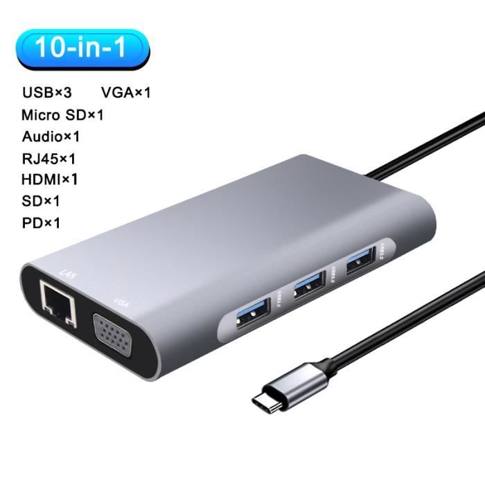 10-en-1 - HUB USB type c 3.0 vers HDMI 4K VGA, adaptateur RJ45 Lan ...