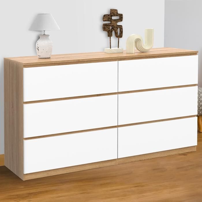 IDMARKET Commode 6 tiroirs TOMI XXL 140 cm bois façon hêtre et blanc ...