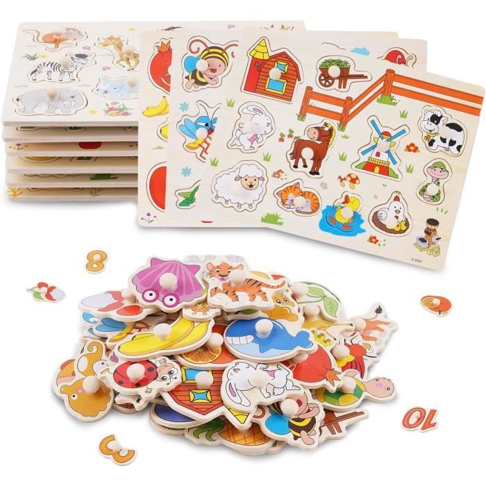 Puzzles en Bois à Bouton pour Les Tout-Petits de 2 à 4 Ans, 6 Pièces ...