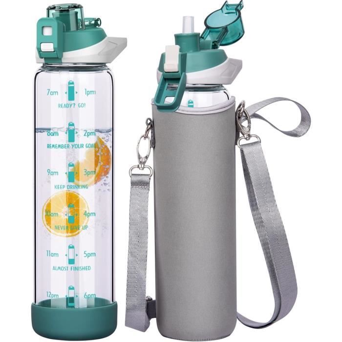 1l Sport Gourde Verre avec Paille & Heure de Motivation 1 litre grande ...