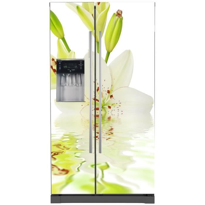 Sticker frigo américain Fleur - Dimensions:100x180cm fond:Fond Blanc ...
