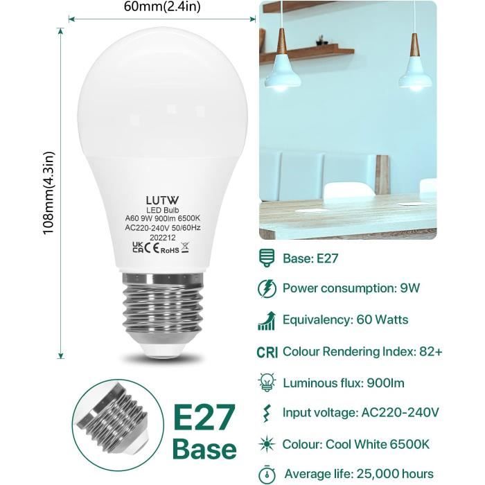 Ampoule LED E27 Blanc Froid 6500K, 9W Equivalent 60W, Ampoules LED A60 Culot Edison à Vis, 900lm ...