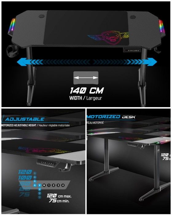 Bureau Gaming Motorisé LED RGB 140 x 60 Grand Bureau Gamer avec Plateau ...