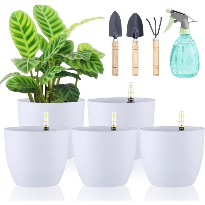 Lot de 5 pots de fleurs à arrosage automatique avec indicateur d'eau - Blanc - 15 cm - Pour l ...