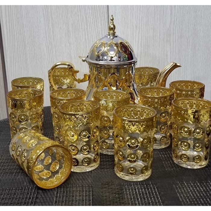 Lot de 12 verres en verre pour the marocain multicolore et une theiere ...