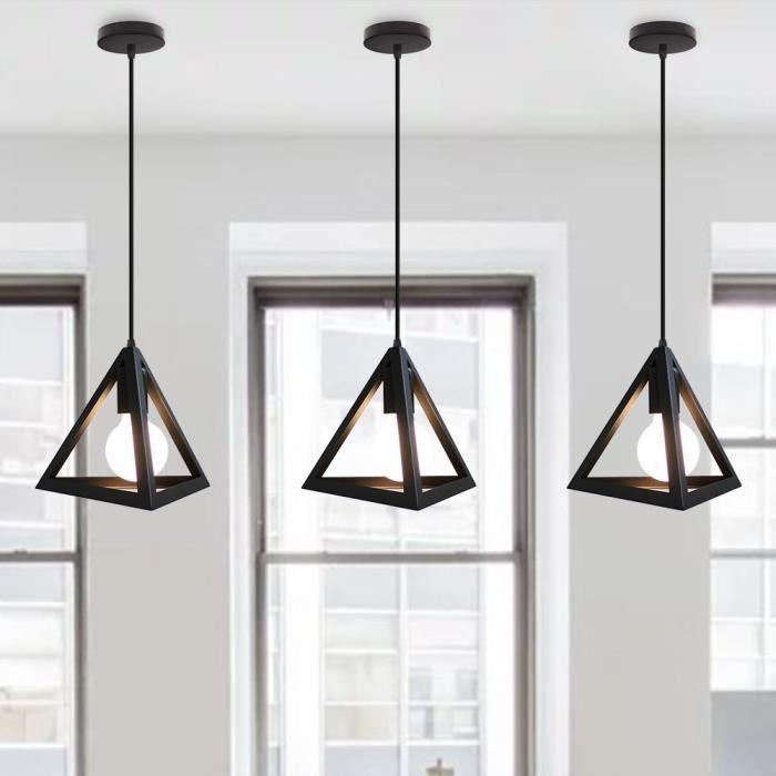 Sayoo 3pcs Suspension Industrielle Rétro Lustre Cage Triangle Noir Métal Lampe Vintage Luminaire ...