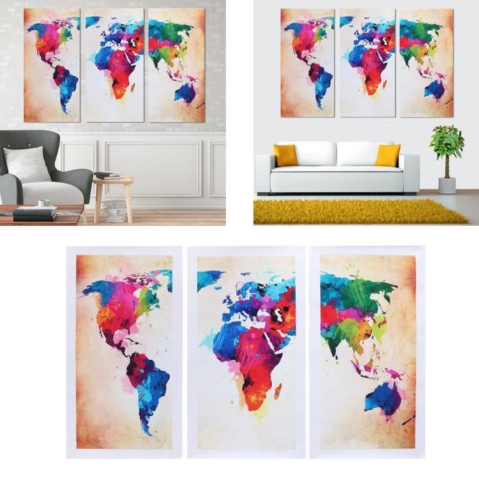 Dioche Peinture de carte du monde 3pcs Toile Cadre Colorée Peinture ...