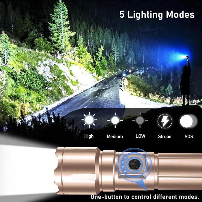 Lampe Torche Led Ultra Puissante, Lampe De Poche Rechargeable, Ip67 Étanche, 5 Modes & Zoomable ...
