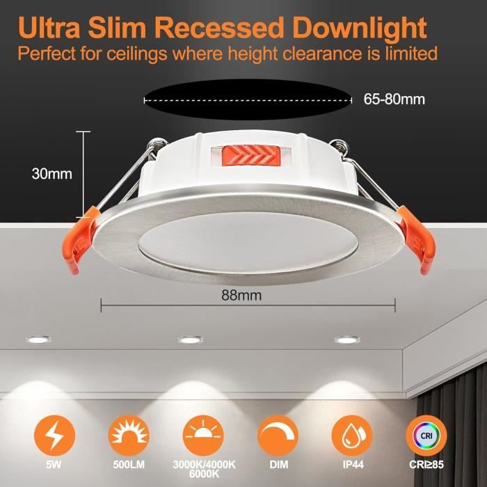 Spot Led Encastrable Extra Plat Dimmable Ip44 Spot Etanche Salle De Bain, Blanc Chaud 3000K ...