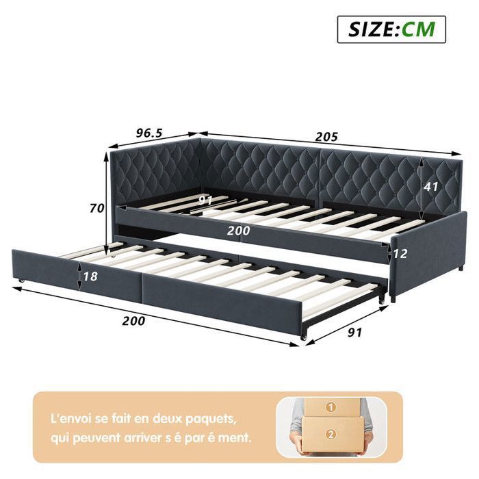 Canapé lit 2 Places 90/180x200 cm, Banquette Lit Gigogne, Dossier ...