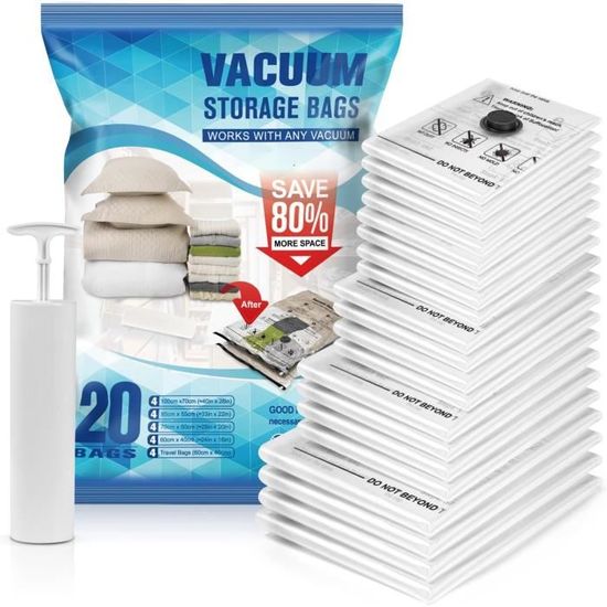 Housse Aspirable Rangement 20Pièces Sac Sous Vide Vetement Aspirateur Avec Pompe Manuelle Sac De ...