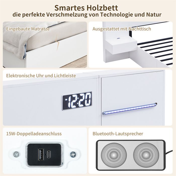 DRIPEX Lit double en bois 180*200cm avec prises USB,horloge ...