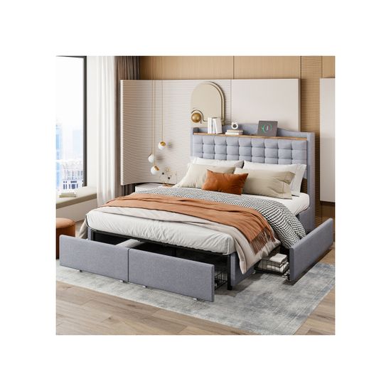 Lit capitonné 140*200 cm, table de nuit avec prise de charge USB et ...