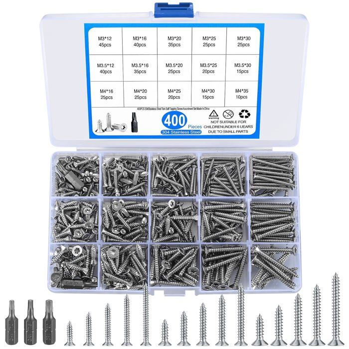400 Pièces Assortiment de Vis Autotaraudeuses, Vis à Tête Plate, Vis Autoperceuses à Tête Torx ...