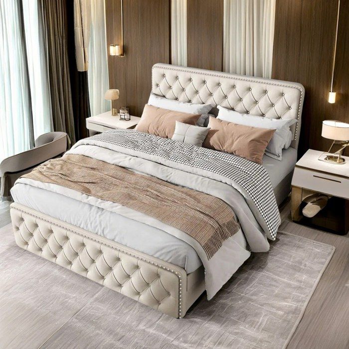 Lit capitonné Lit adulte 140 x 200cm Lit rangement - 4 tiroirs Tête de ...