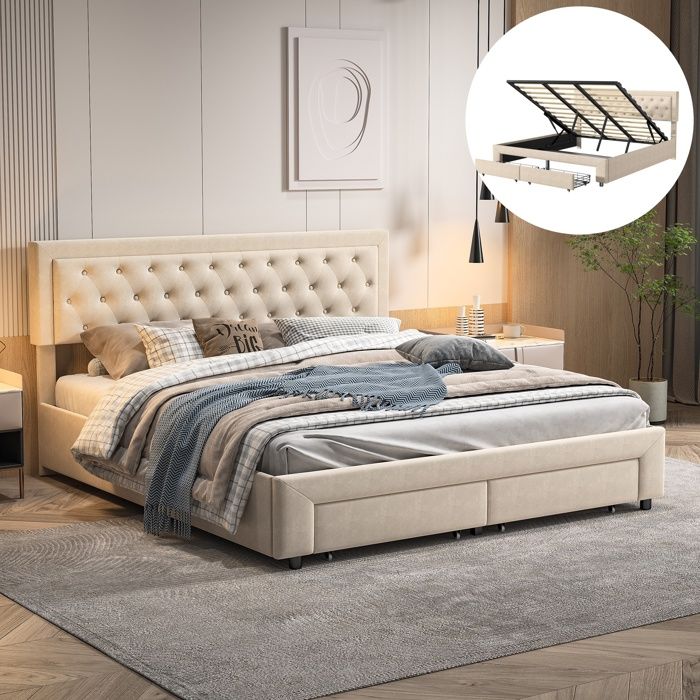 Lit coffre - LEWW - 160x200 - avec 2 tiroirs et sommier à lattes ...