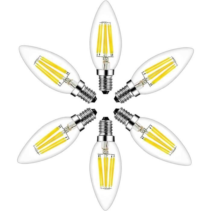 Ampoules LED Filament Flamme E14 6W Equivalent 60W Blanc Froid 6500K 600LM Ampoule LED E14 ...