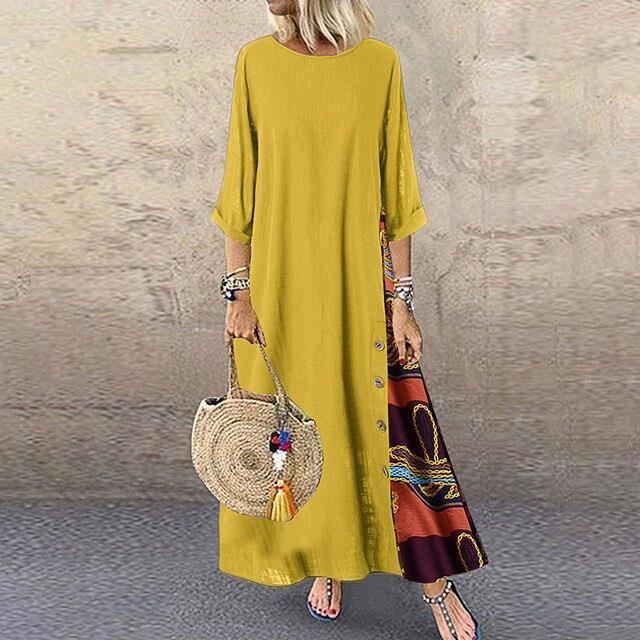 Robe Maxi Vintage pour femmes - Yellow[B648] - Col rond - Manches 3/4 ...
