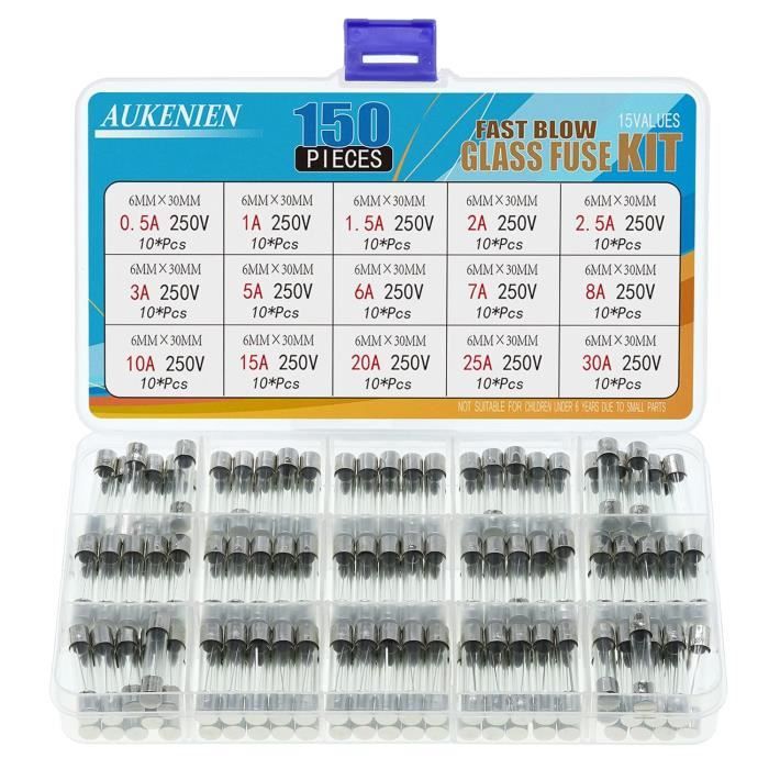 AUKENIEN 15 Valeurs 150 Pièces 250V 6x30mm Fusible Verre 0,5A 1A 1,5A 2A 2,5A 3A 5A 6A 7A 8A 10A ...