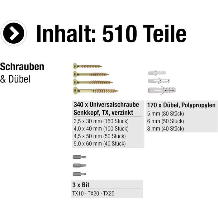 B30129 Assortiment de 510 Vis universelles 4 sortes TX avec chevilles ...