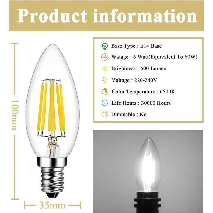 Ampoules LED Filament Flamme E14 6W Equivalent 60W Blanc Froid 6500K 600LM Ampoule LED E14 ...