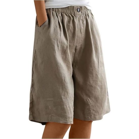 Bermuda Femme Confortable Coton Lin Élastiqué Taille Haute - D - Kaki ...