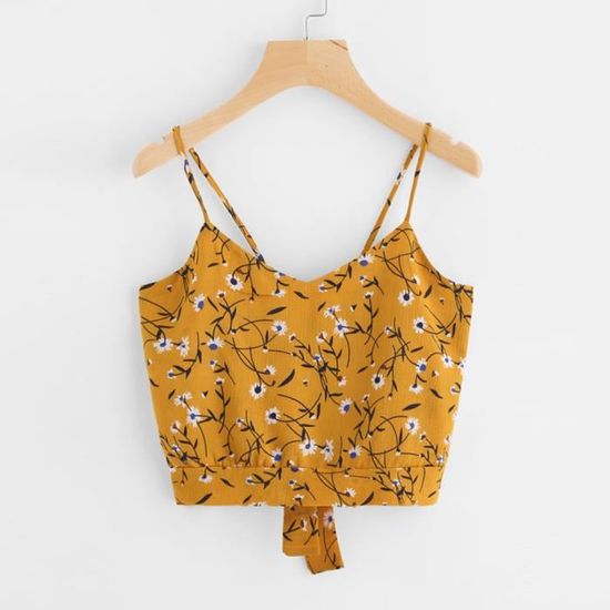 Womens Self Tie Back V Neck Floral Print Crop Cami Top Camisole Blouse