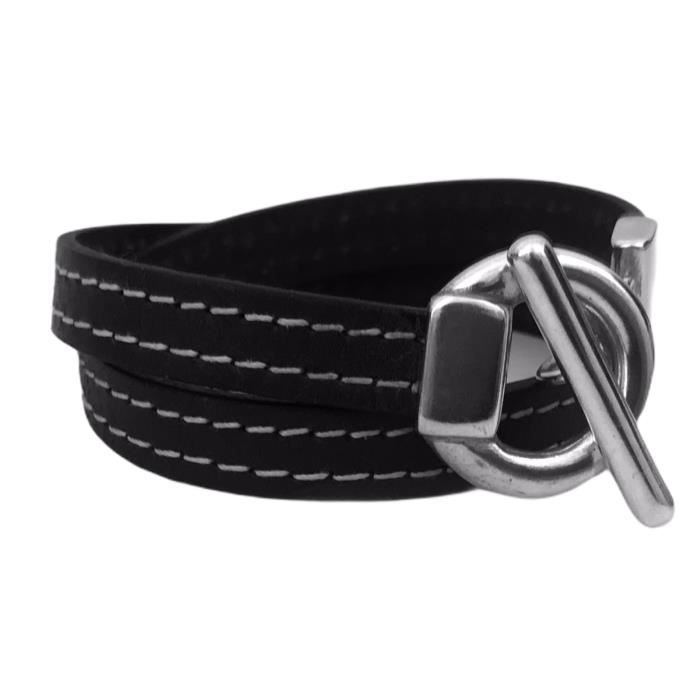 Bracelet Femme En Cuir Noir Double Tours Cuir Plat Surpiqué 10 mm ...