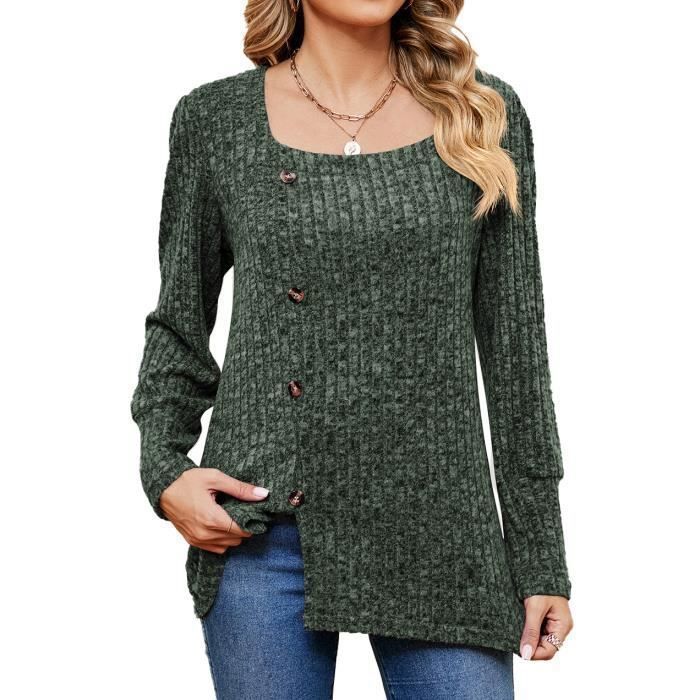 Pull Femme Manches Longues Col Carré Casual Pullover Lâche Tops Col ...