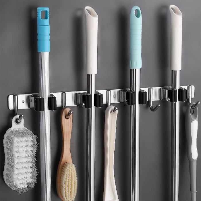 Accroche Balais Mural Avce 4 Emplacements Et 5 Crochets, Porte Balais ...
