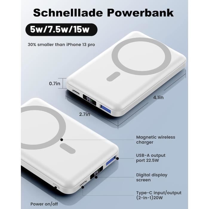 Batterie Externe Magsafe, Power Bank 10000Mah, Magnétique Sans Fil Charge Rapide Pd 22.5 W Avec ...