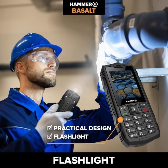Téléphone portable incassable Hammer Basalt débloqué - Dual SIM - Noir - 2,4" - Batterie 1200 ...