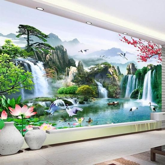 Papier Peint Soie de Style Chinois, Paysages Naturels De Cascades ...