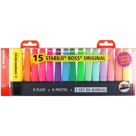 STABILO Set de Bureau 15 Surligneurs BOSS Coloris 9 Fluo et 6 Pastel64 ...