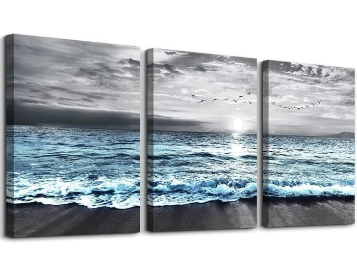 Tableau Gris et Bleu Paysage de Mer,Tableau Decoration Murale Salon ...