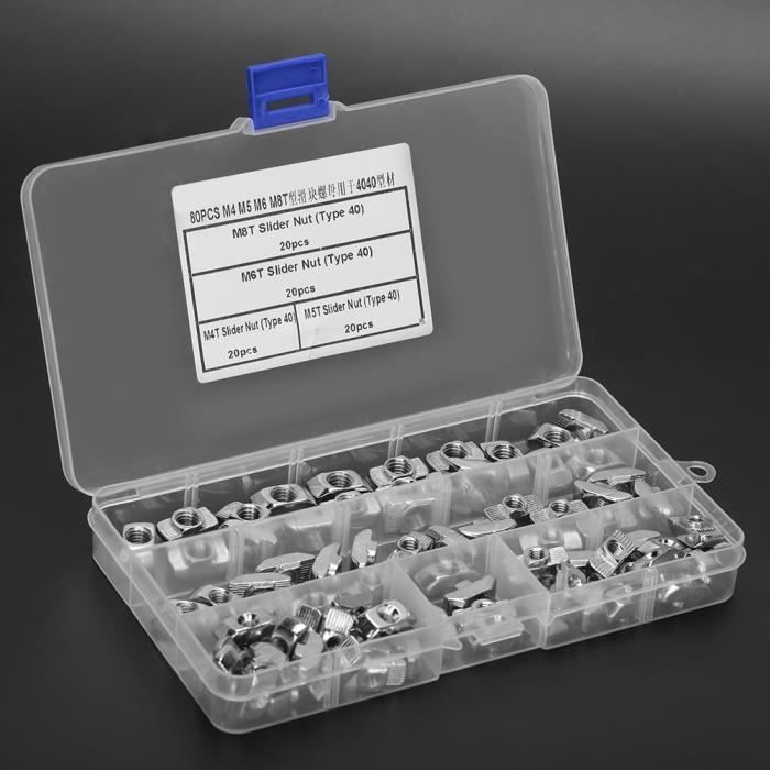 Duokon Écrou coulissant à rainure en T 80 pièces écrous coulissants à fente en T M4 M5 M6 M8 ...