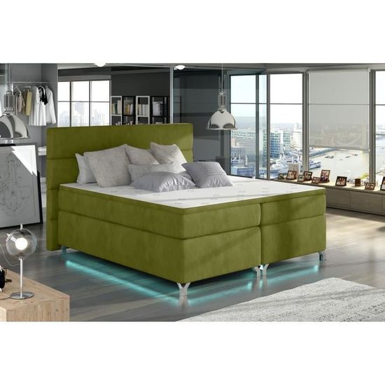 Lit boxspring 140x200 cm tissu doux vert anis Mador - Cdiscount Maison