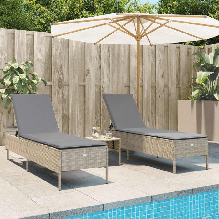 89320& Set de Bains de soleil avec coussins lot de 2 beige résine ...