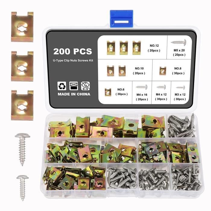 200 Pcs U Clips Et Des Vis Kit,Universal Metal U-Nuts,Agrafes ...