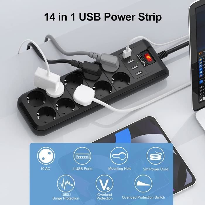 Multiprise Electrique (4000W-16A) Multiprise 10 Prises avec 4 Ports USB ...
