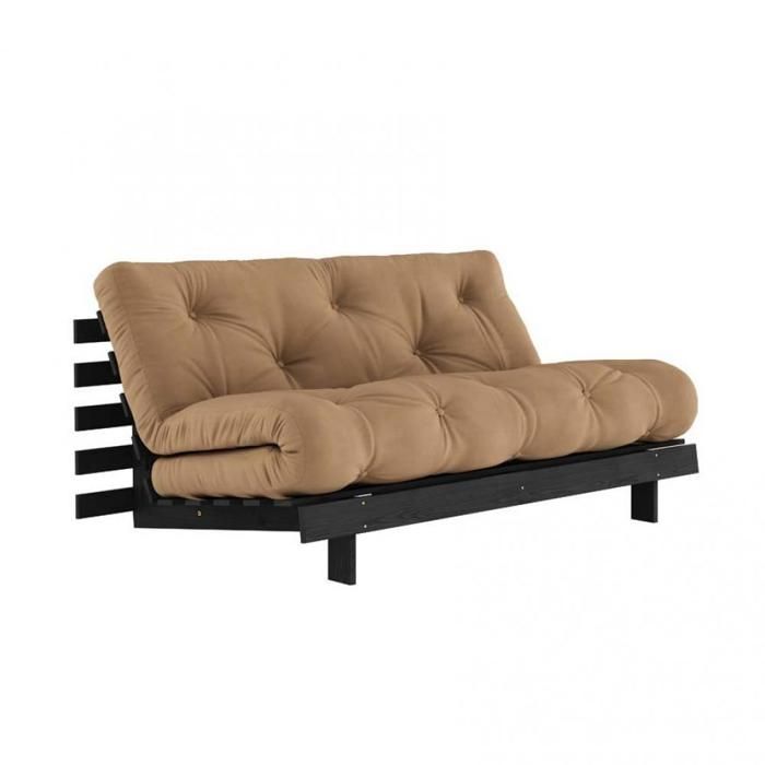 Canapé convertible futon ROOTS pin laqué noir matelas 160 x 200 cm ...