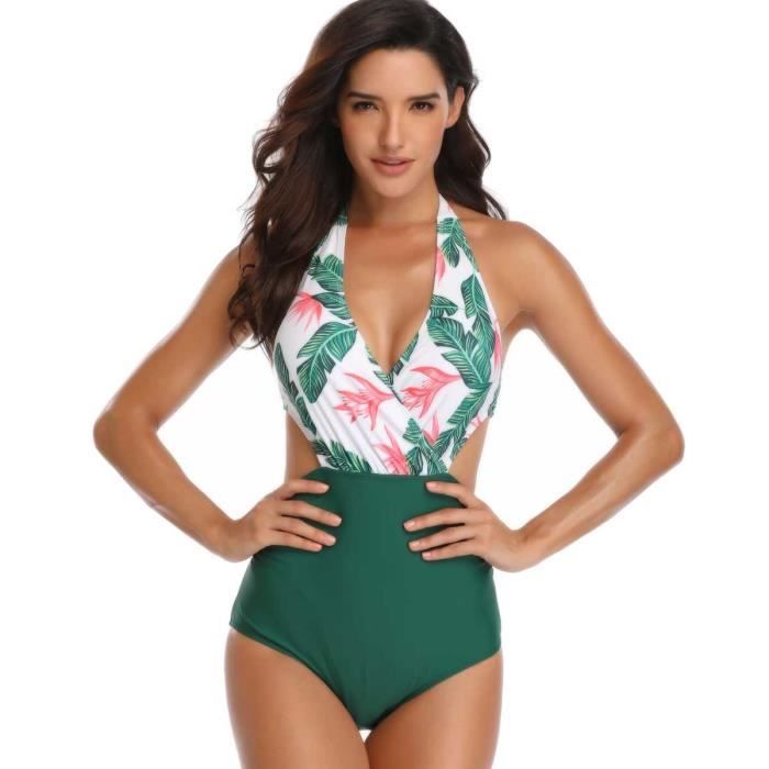 Maillot de Bain une Pièce Pour Femme Amincissant Cache Ventre Sexy Dos nu Halter Tankini Feuille ...