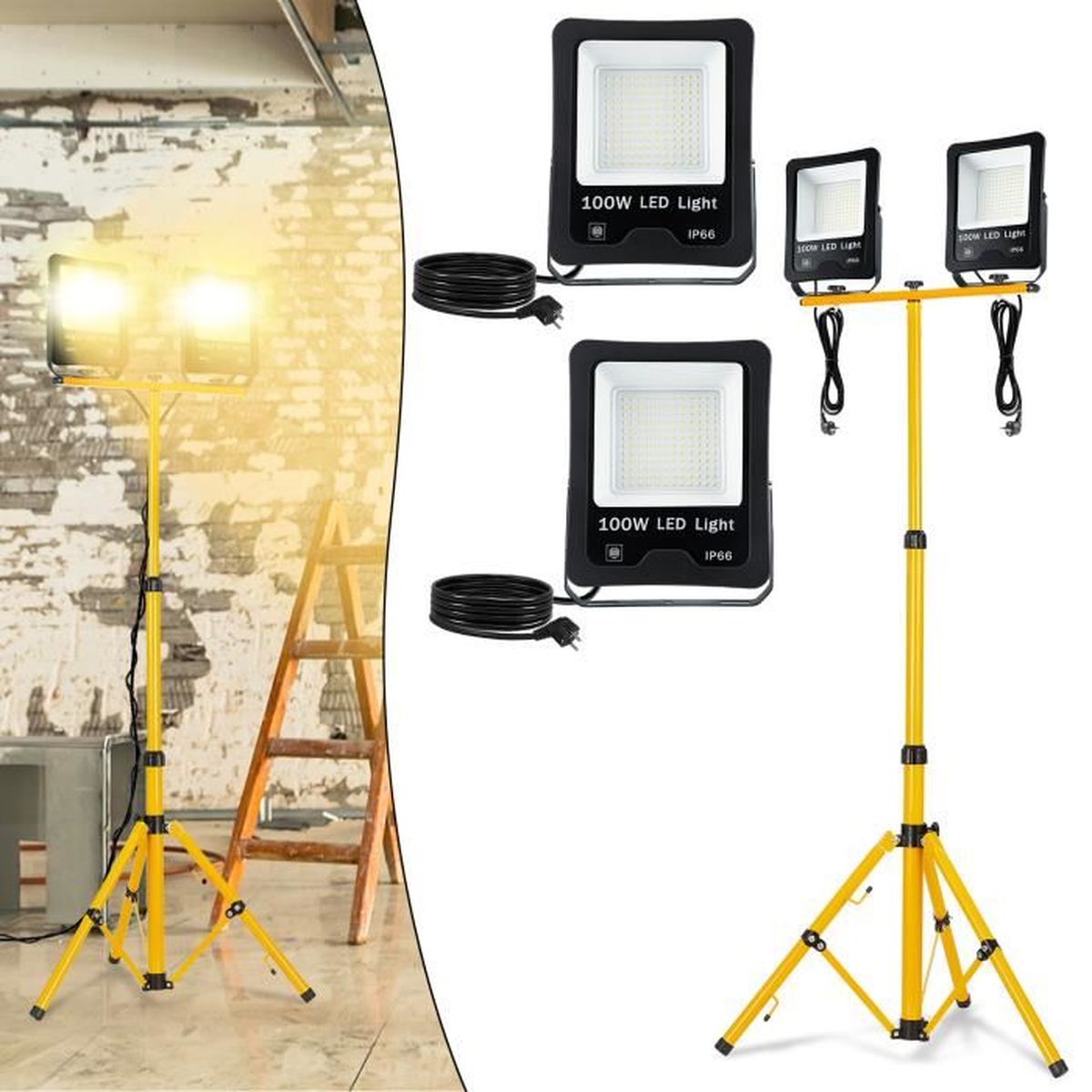 XMTECH Projecteur de chantier à LED - 2 x 100 W Projecteur LED blanc ...