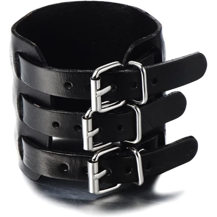 Extra-Large - Bracelet En Cuir Hommes - Cuir Noir Véritable Envelopper ...
