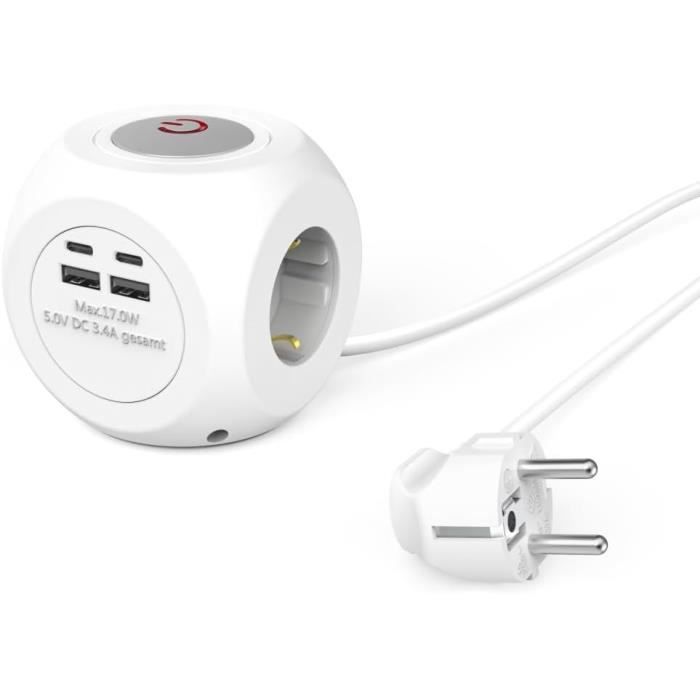 Multiprise - CHICHENG - Cube - 3 Prises F Schuko - 4 Ports USB - 16A ...