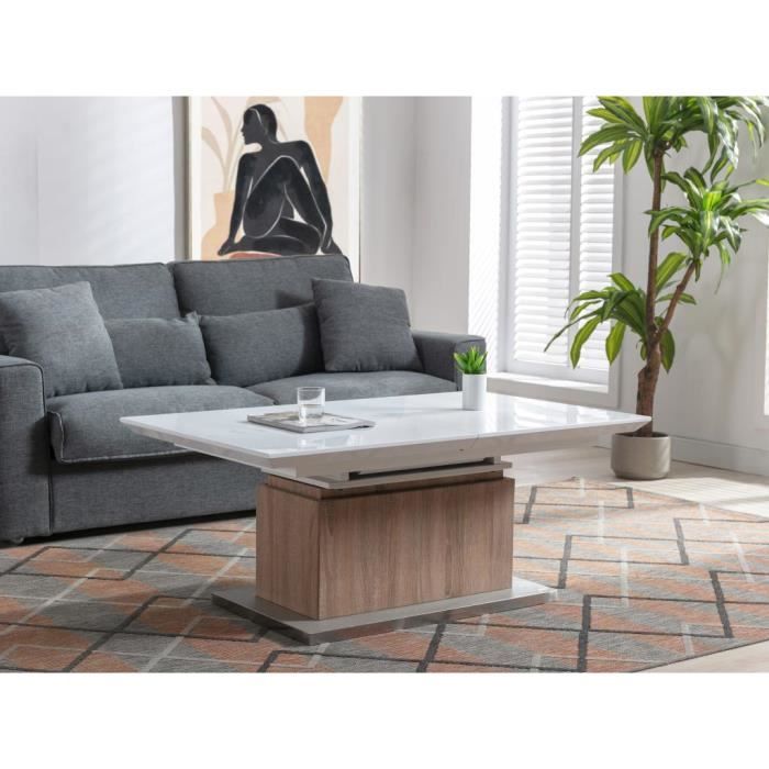 Table extensible et relevable 2 en 1 - MDF et acier inoxydable - Naturel et blanc - CAPANI ...