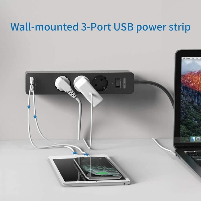 LIWI-Multiprise Murale, Multiprises avec 3 Prises et 2 Ports USB, avec ...
