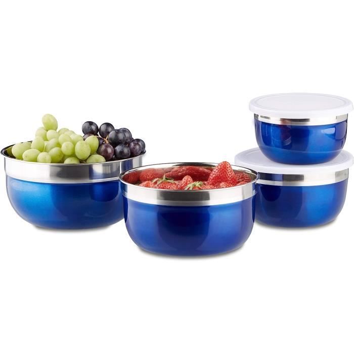 10020833 Bol mélangeur avec couvercle lot de 4 saladiers en inox plusieurs tailles HxlxP: 9 x 18 ...